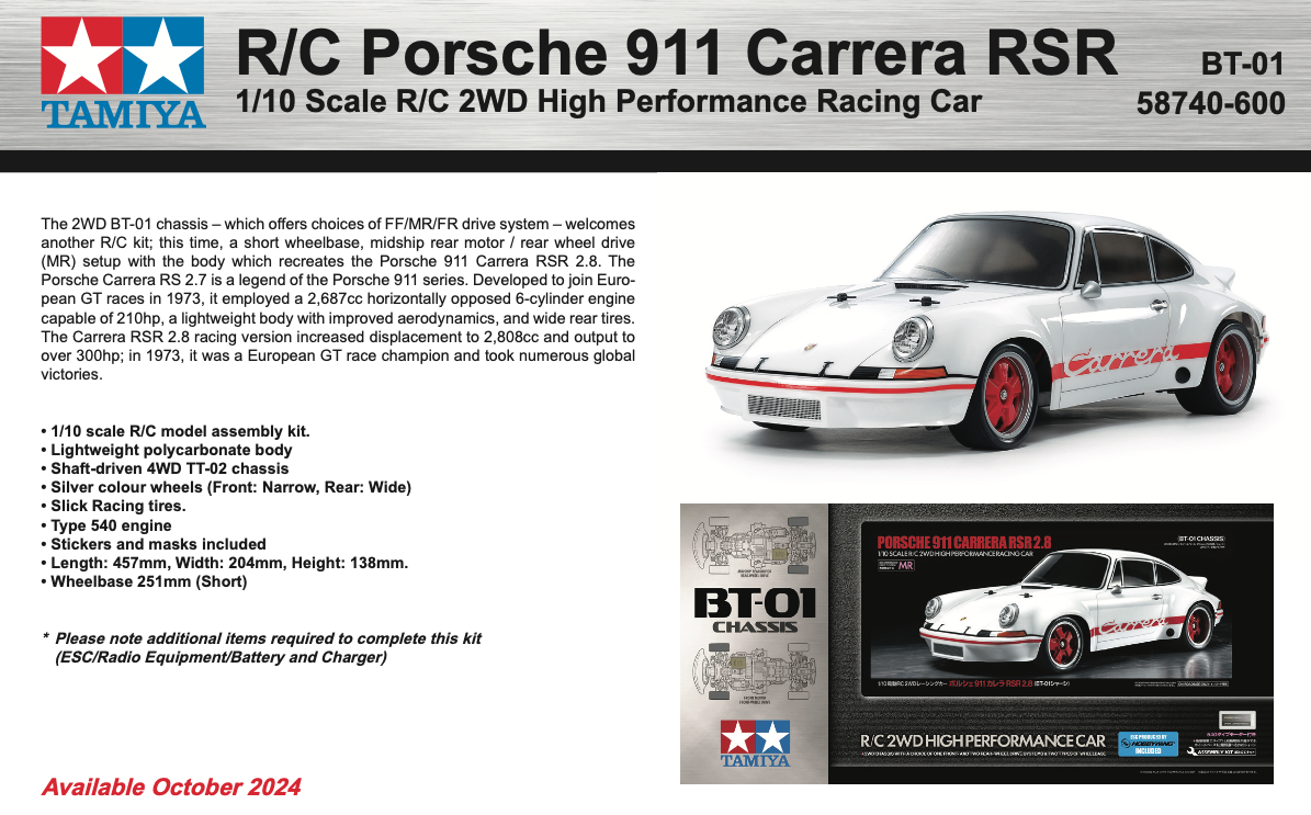PRE ORDER OCT 2024 *** TAMIYA 58740 1/10 BT-01 PORSCHE 911 CARRERA RSR ...