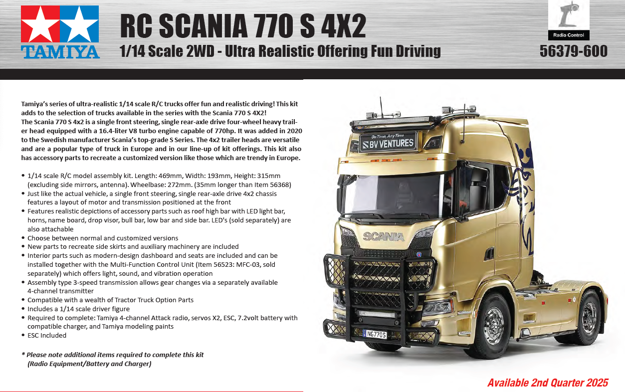 ** PRE ORDER 2ND QTR 2025 *** TAMIYA SCANIA 770 S 4X2 1/14 R/C TRUCK ...