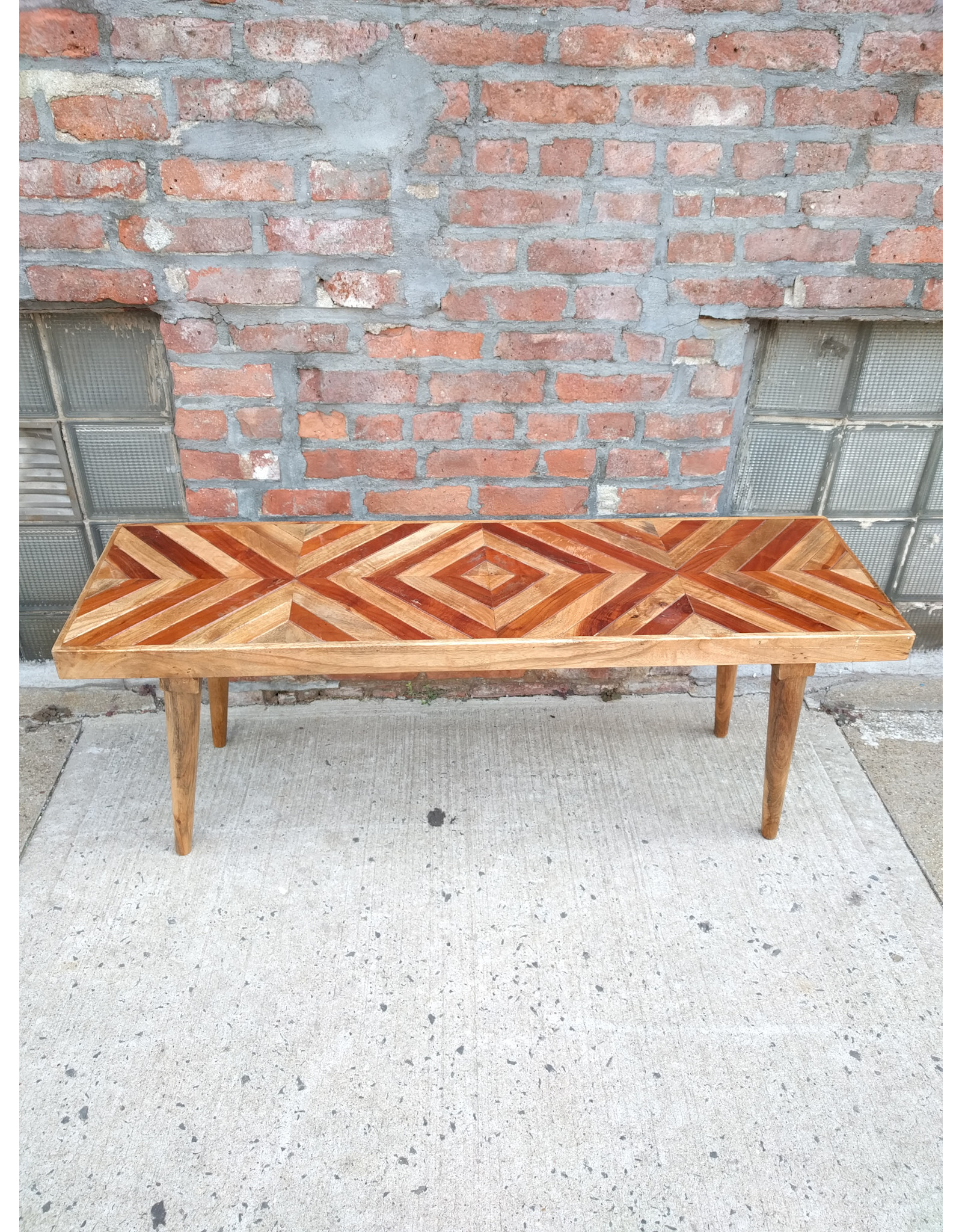 Modern Slatted Wood Geometric Inlay Rustic Bench 18"H 48.25"W 14'D ...