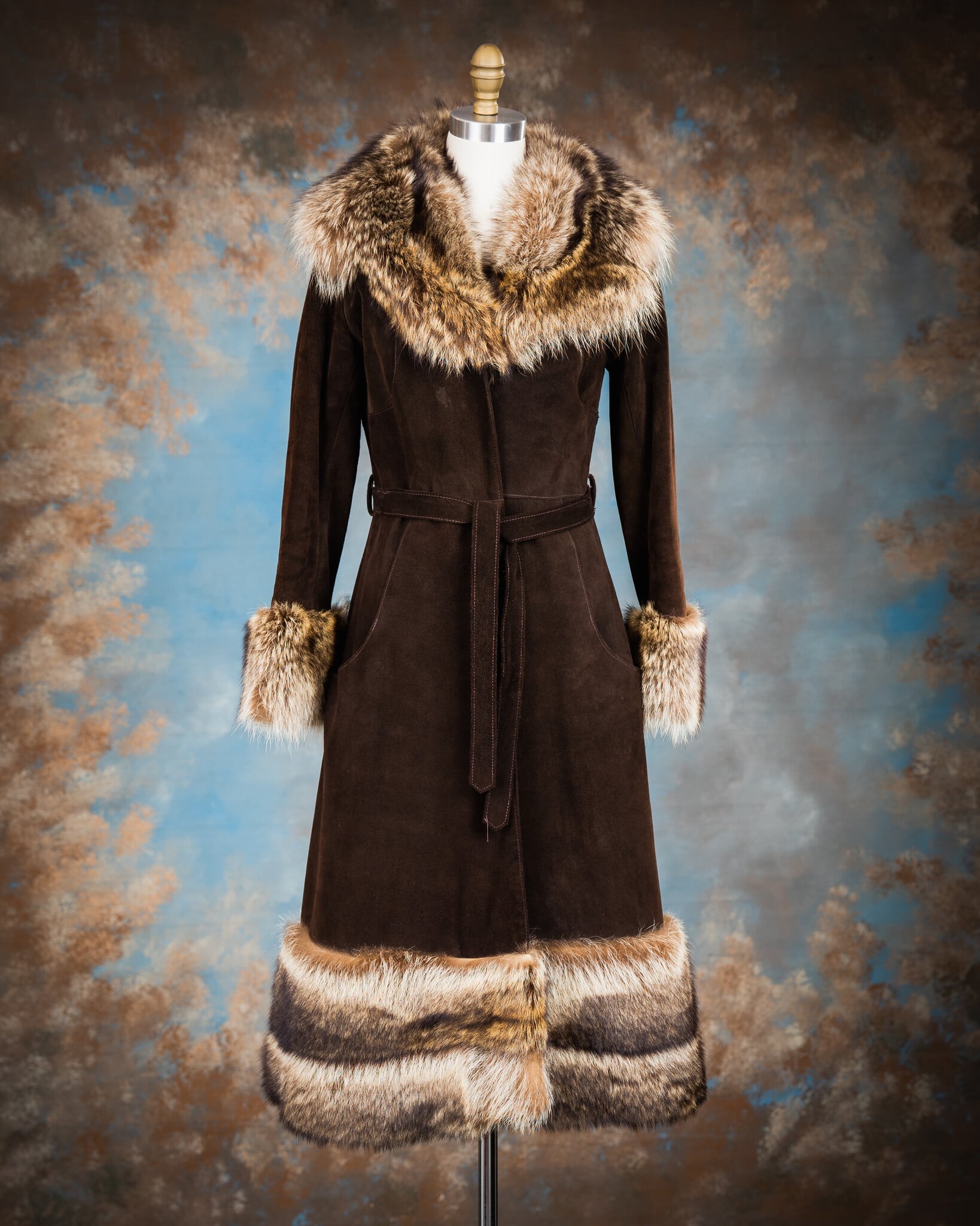 BROWN SUEDE TRENCH W. RACCOON TRIM - Cahill's