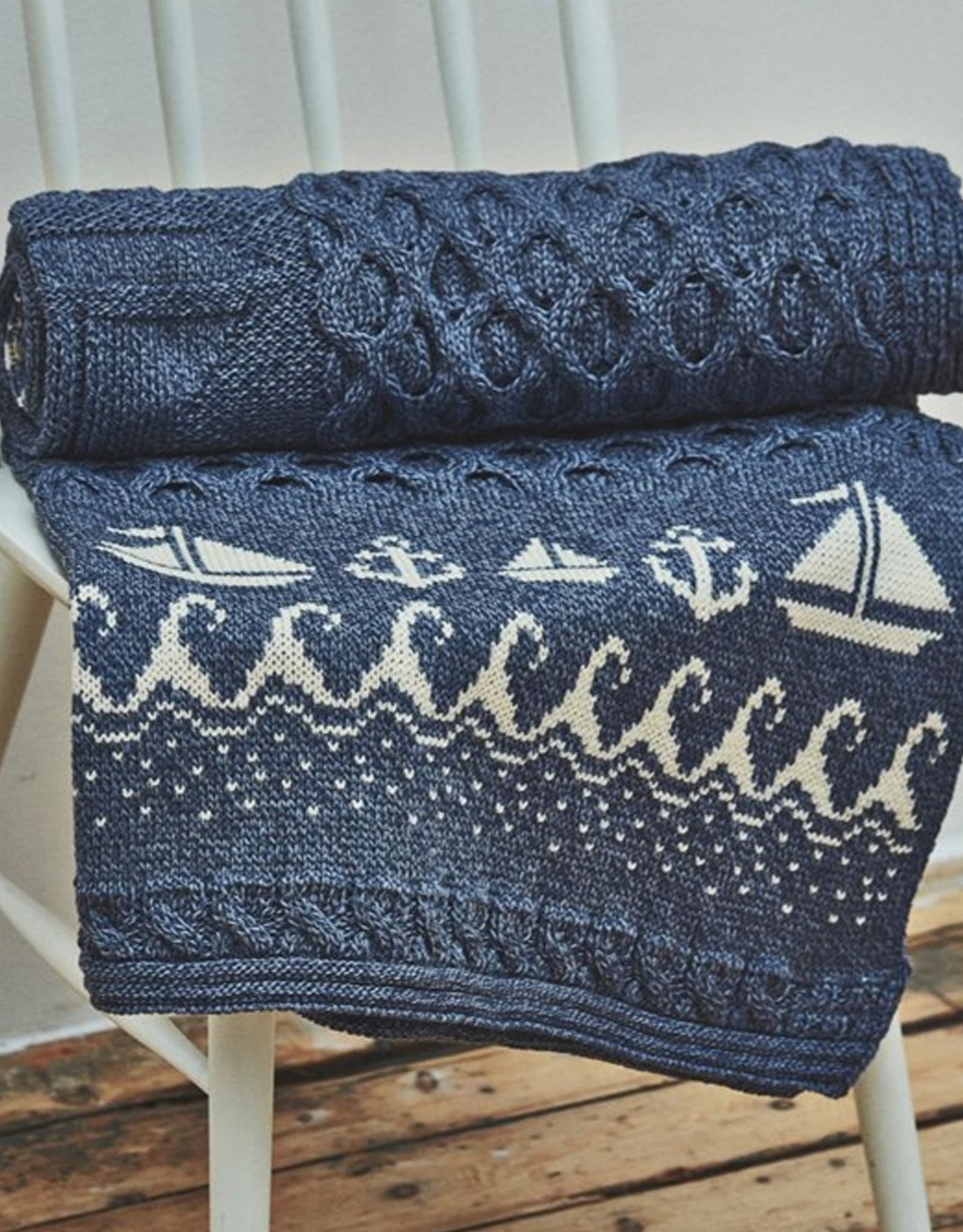 ARAN SAIL BOAT KNIT THROW BLANKET - Blue - Irish Crossroads