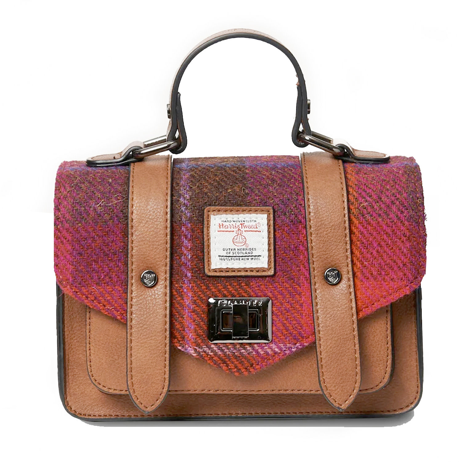 ISLANDER MINI SATCHEL w HARRIS TWEED Fuchsia Tartan - Irish Crossroads