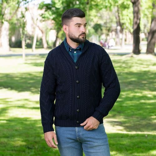 CLEARANCE: SAOL ARAN CABLE SHAWL-COLLAR CARDIGAN - Navy :FINAL SALE ...