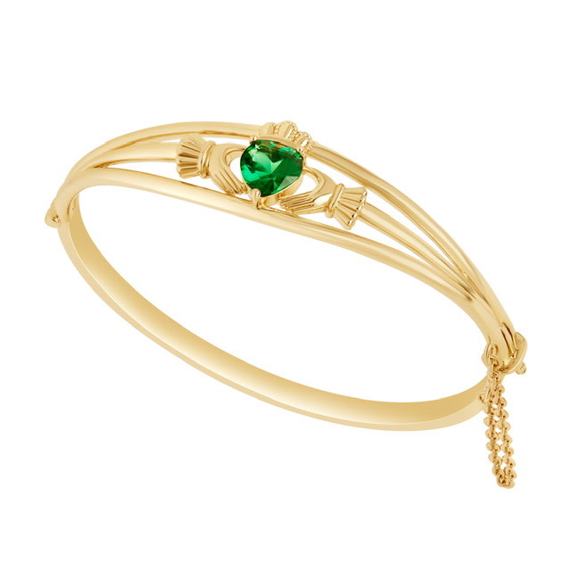 SOLVAR GOLD PLATED BANGLE - CLADDAGH w GRN - Irish Crossroads