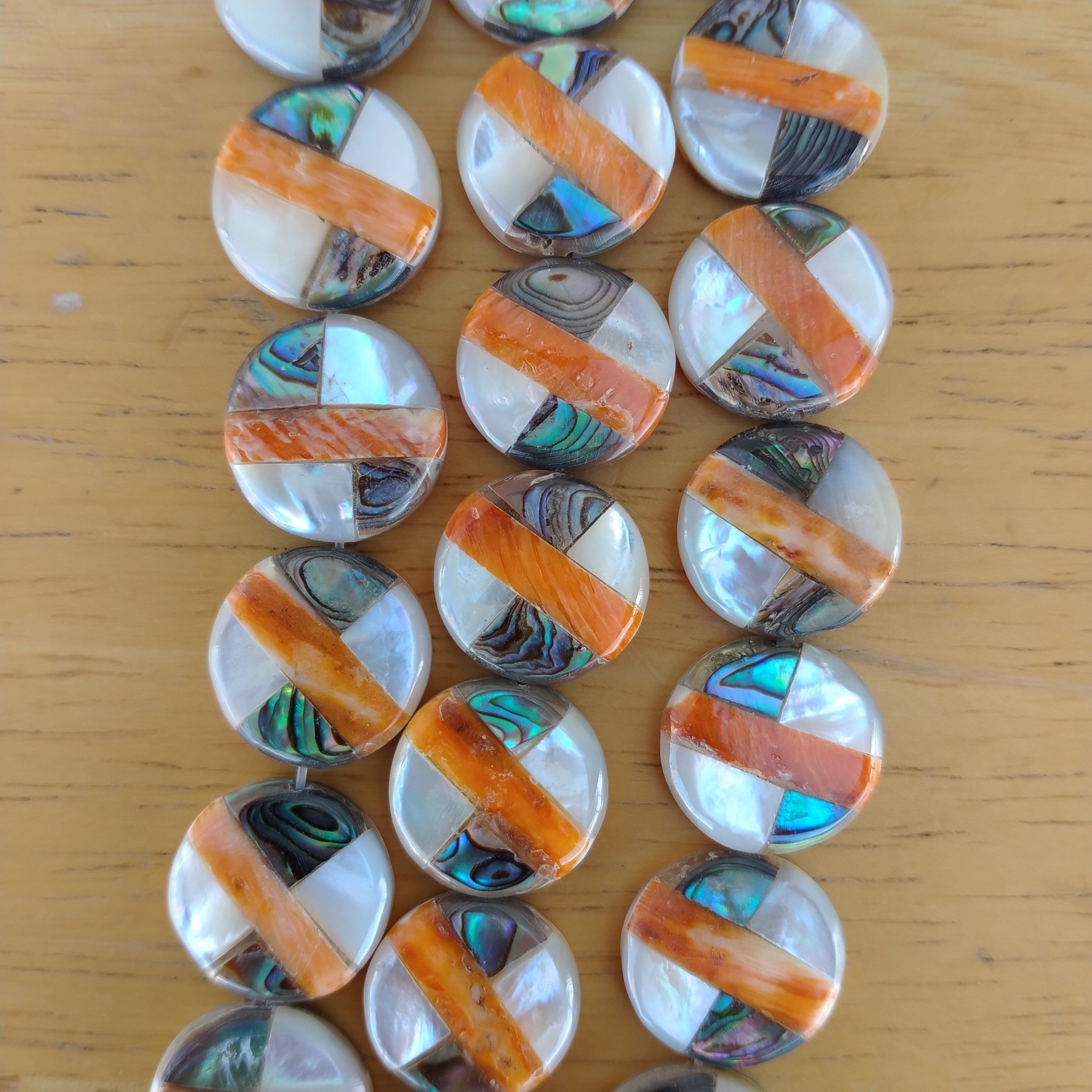 Geometric Inlaid Shell Spiny Oyster Abalone 16mm Bead Strand of 13 ...