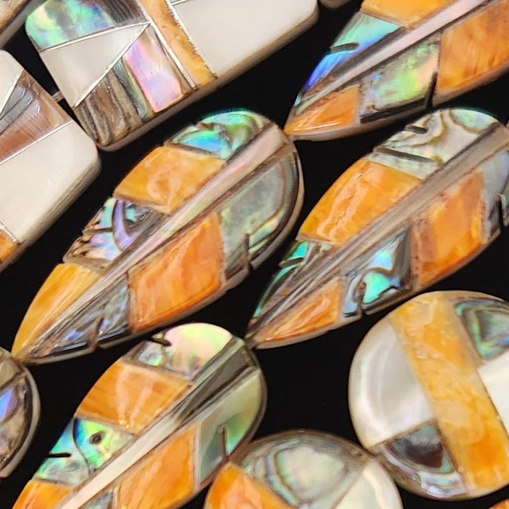 Geometric Inlaid Shell Spiny Oyster Abalone 10x25mm Leaf Bead - Bead ...