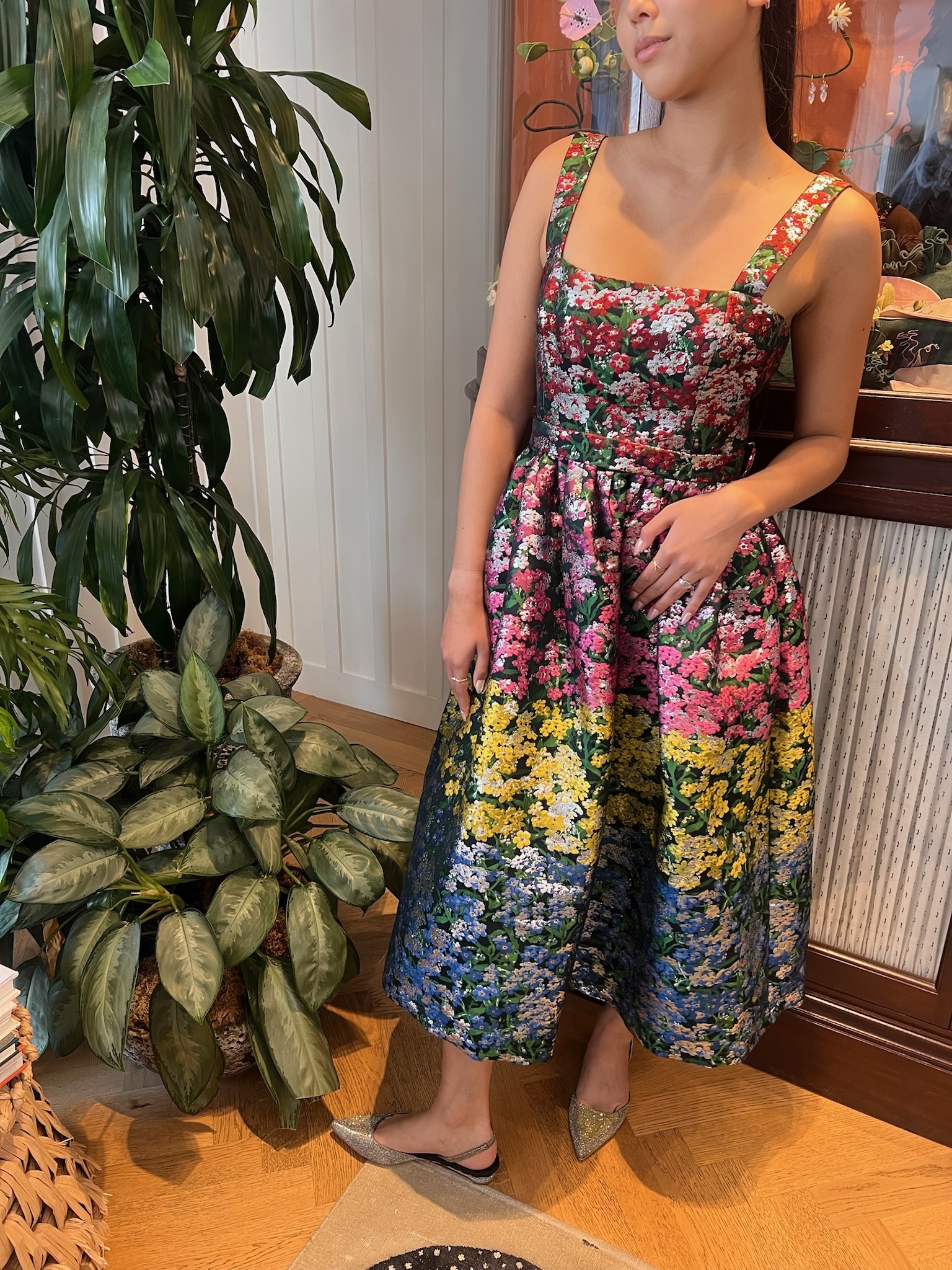 MARY KATRANZOU SQUARE NECK FLORAL JACQUARD A-LINE MIDI DRESS - Capitol