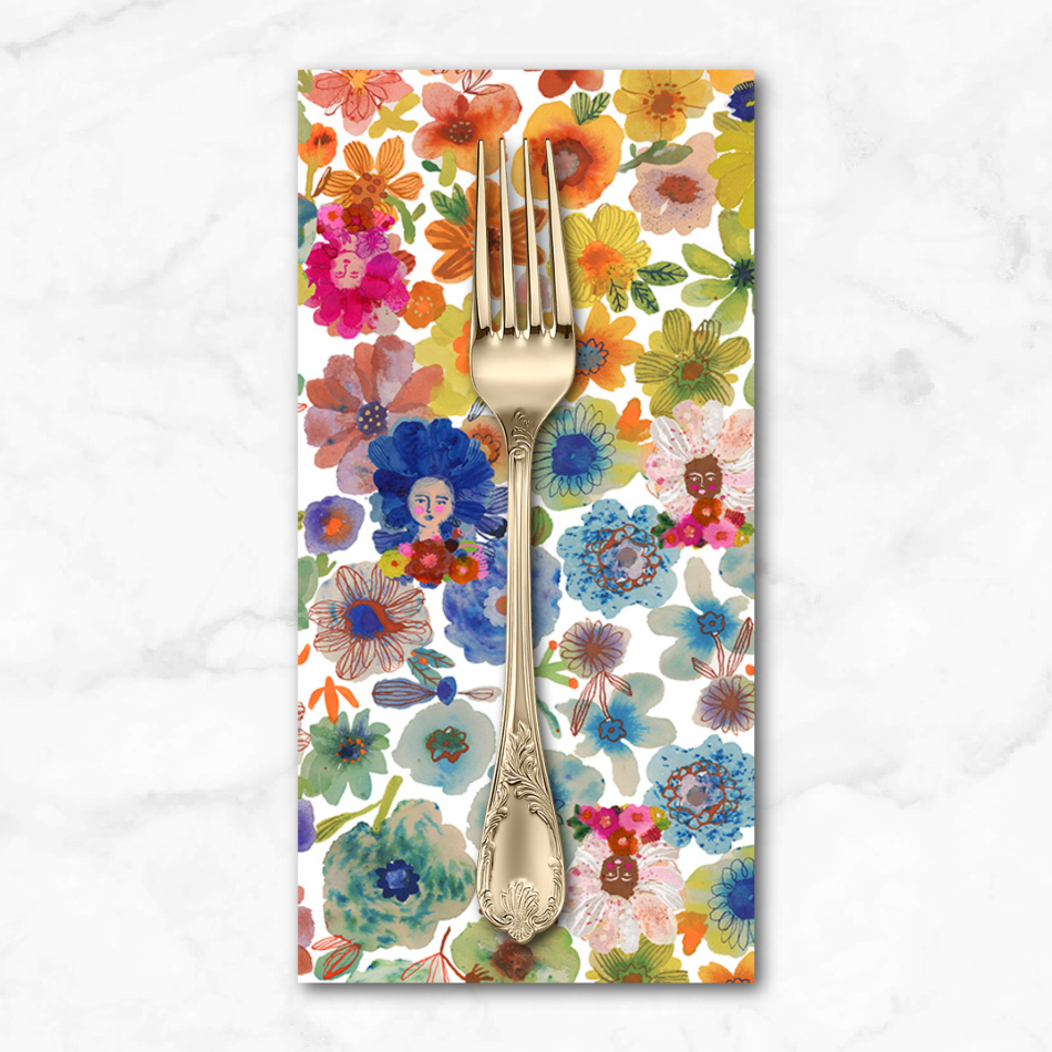 Pompadours in Pink, Color Riot in Rainbow, Dinner Napkin - Picking Daisies
