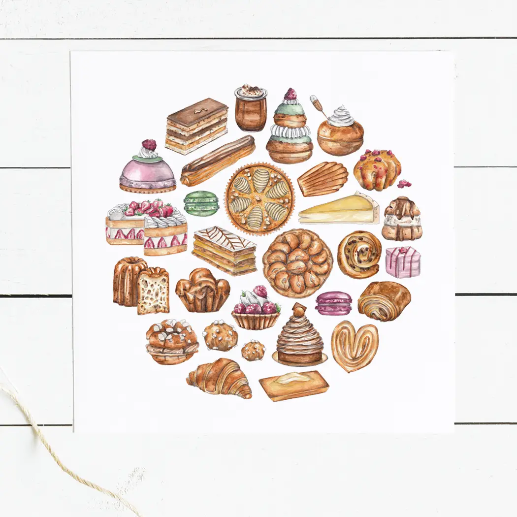 French Pastries Watercolor Print 12 x 12" - DECO Raleigh