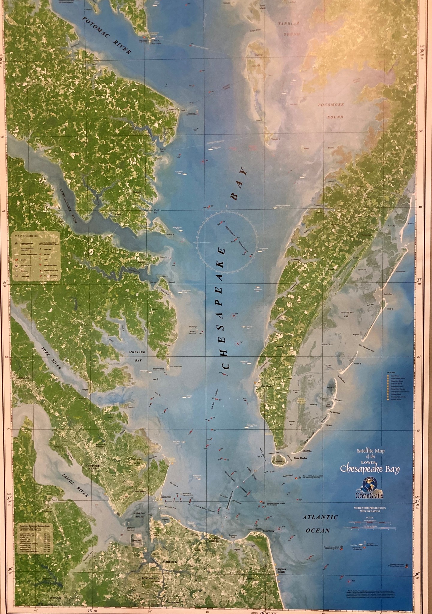 Map, Lower Chesapeake Bay - Satellite View - Steamboat Era Museum Shop