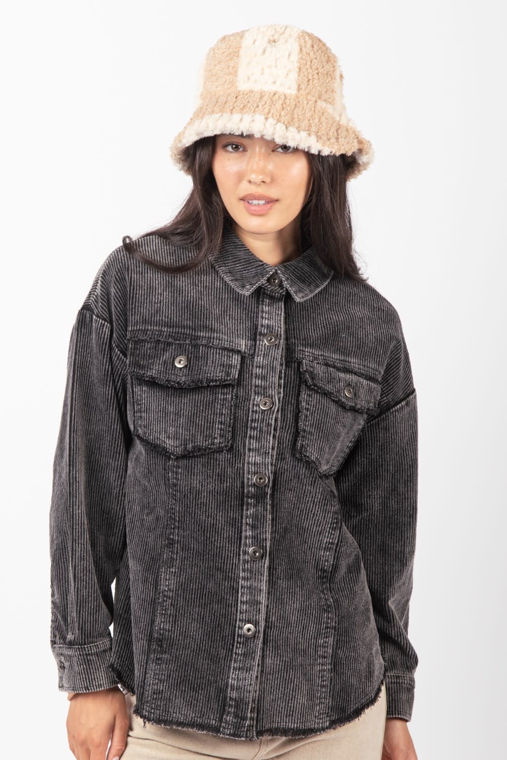 New In Oversized Washed Corduroy Shacket Black - A Gathering Place