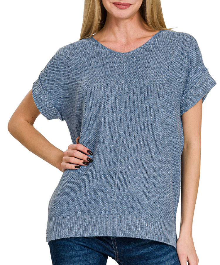 Zenana Center Seam Short Sleeve Sweater Dusty Blue - A Gathering Place
