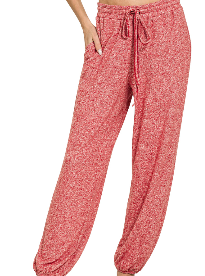 Zenana Soft Melange Hacci Tie Front Joggers Dark Red - A Gathering Place