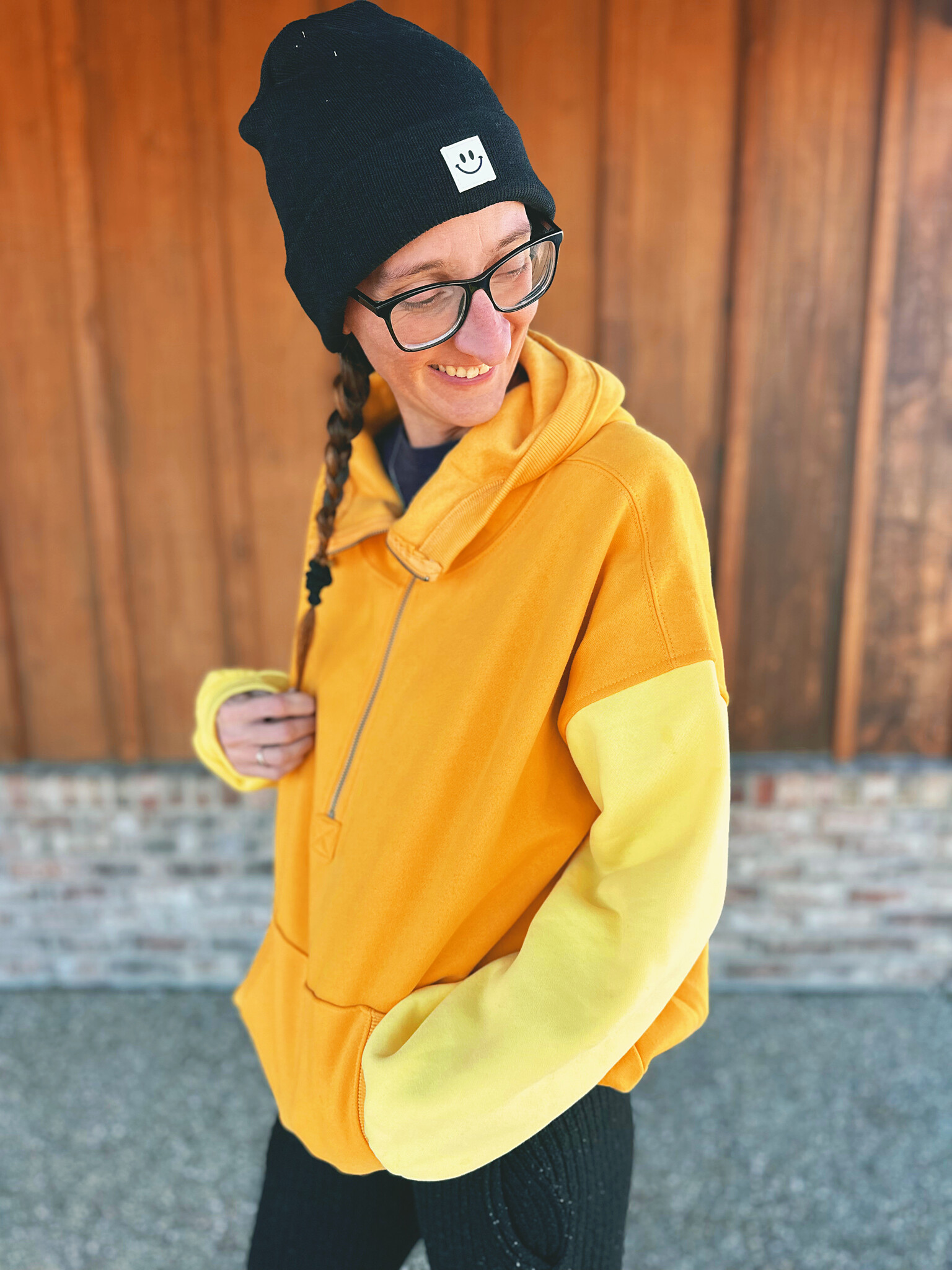 Color Block Elastic Hem Fleece Hoodie Apricot Multi - A Gathering Place