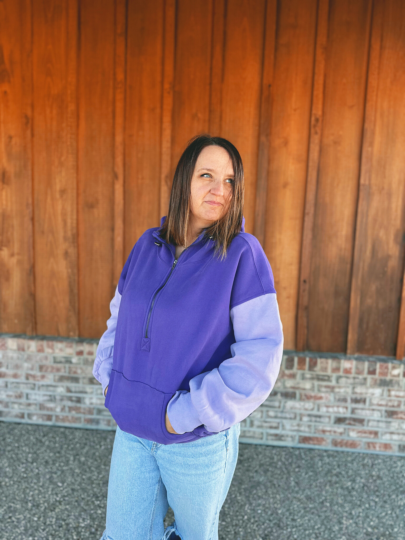 Color Block Elastic Hem Fleece Hoodie Periwinkle Multi - A Gathering Place
