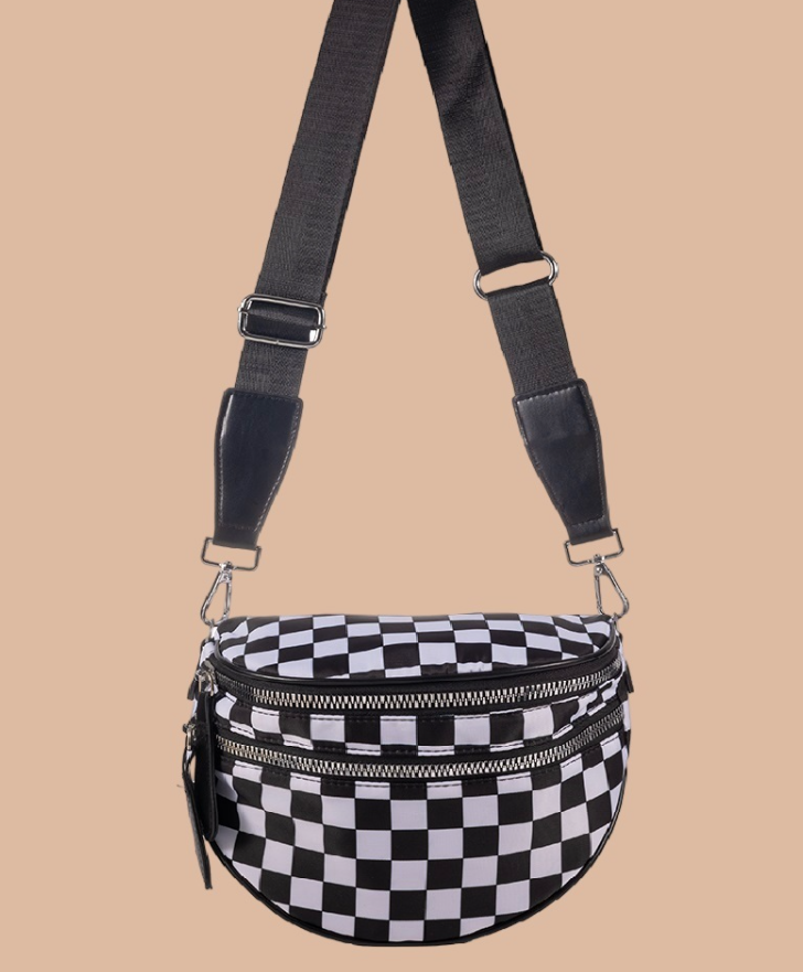 Zenana Double Zip Crescent Sling Bum Bag Black Checkered - A Gathering ...
