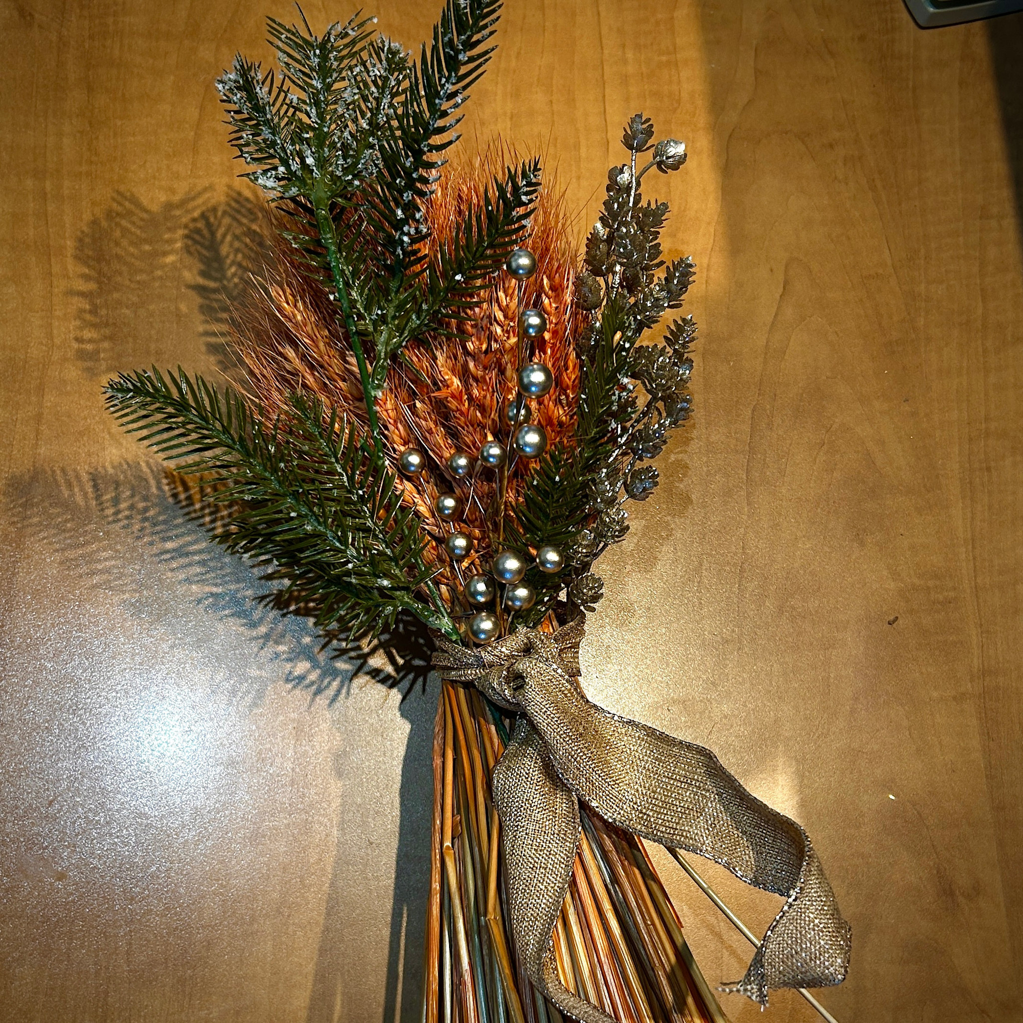 DECOR - Ukrainian Didukh Dried Wheat Bouquet festively adorned with gold & sage grey ribbon and ...