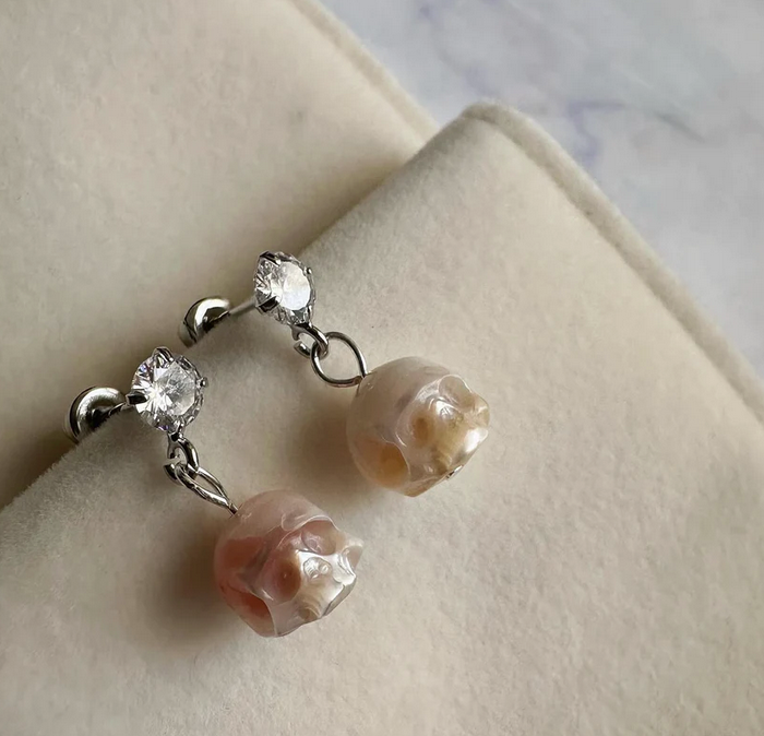 JANVS Studio "Fae" Pearl Skull Drop Stud Earrings - - Dark Garden ...