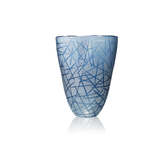 11”H X 9” BLUE GLASS CRISS CROSS VASE - QUALITY WHOLESALE