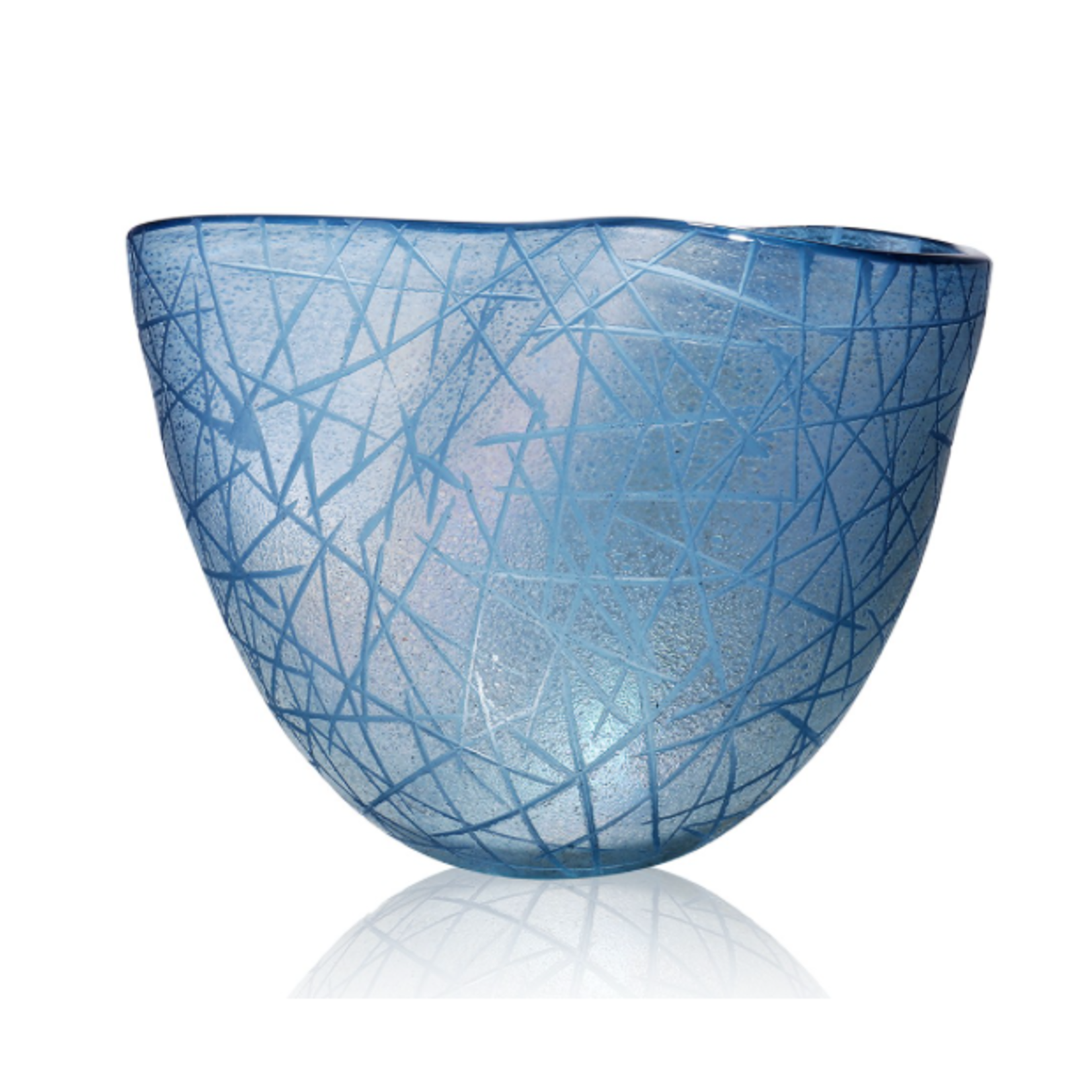 8”H X 11.5” BLUE GLASS CRISS CROSS VASE - QUALITY WHOLESALE