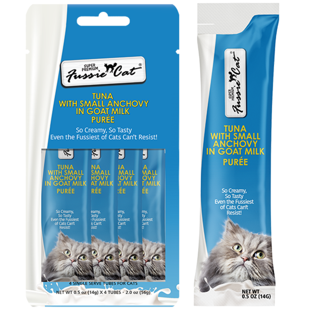 Fussie Cat Treat Tuna/Anchovy in Goat Milk Puree 2oz - Woofy's by Paw ...