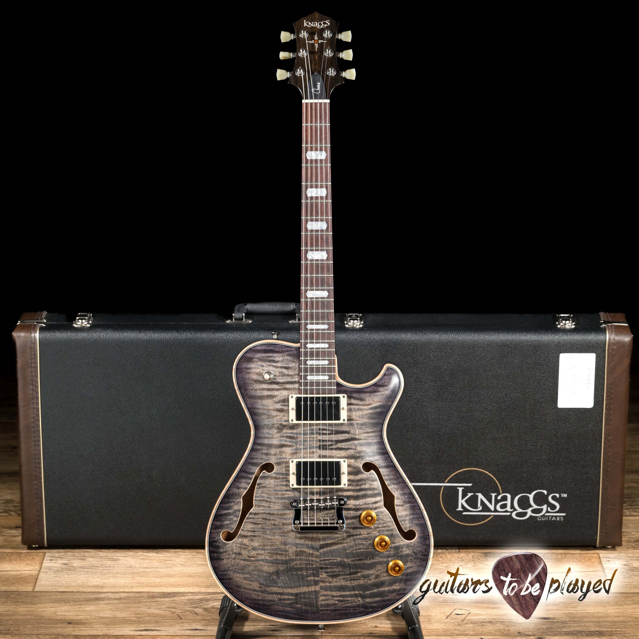 Knaggs Chena T2 Flame Top Semi-Hollow Guitar – Charcoal Burst - Guitars ...
