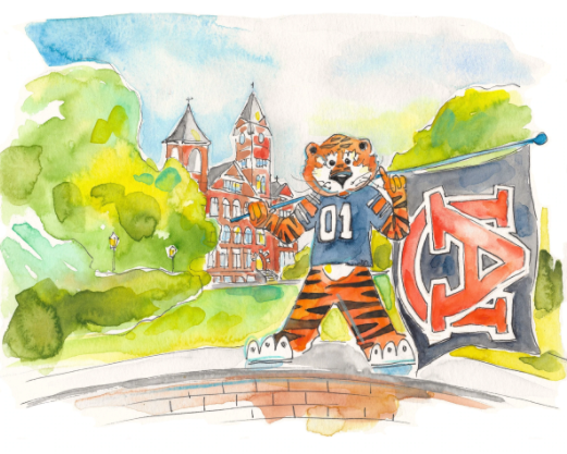 Art by LJD Aubie with AU Flag and Samford - J&M Bookstore Downtown