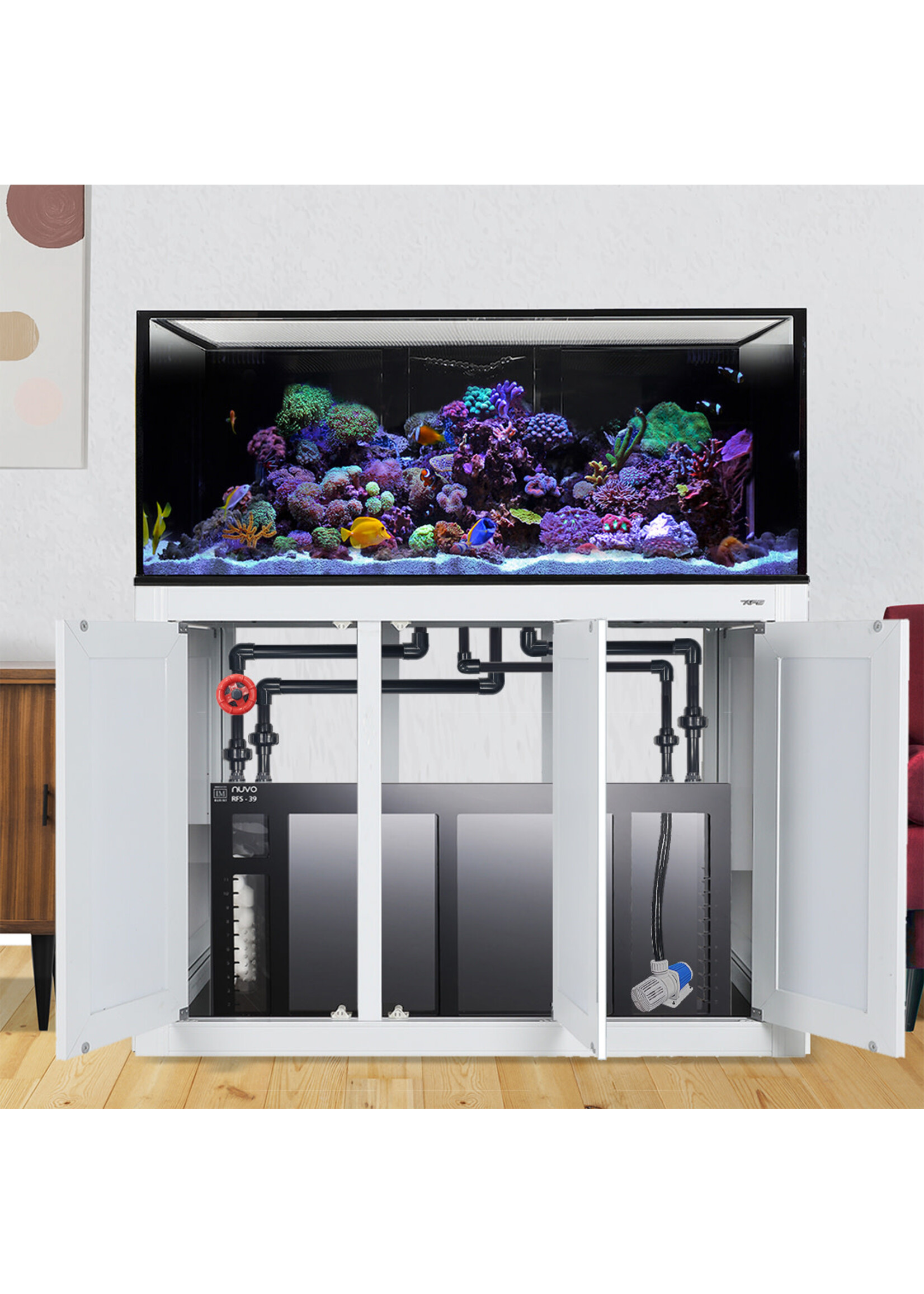 IM INT100 AQUARIUM COMPLETE REEF SYSTEM-RFS 39 SUMP-MIGHTY XL PUMP-PLUMBING KIT-APS STAND WHITE ...