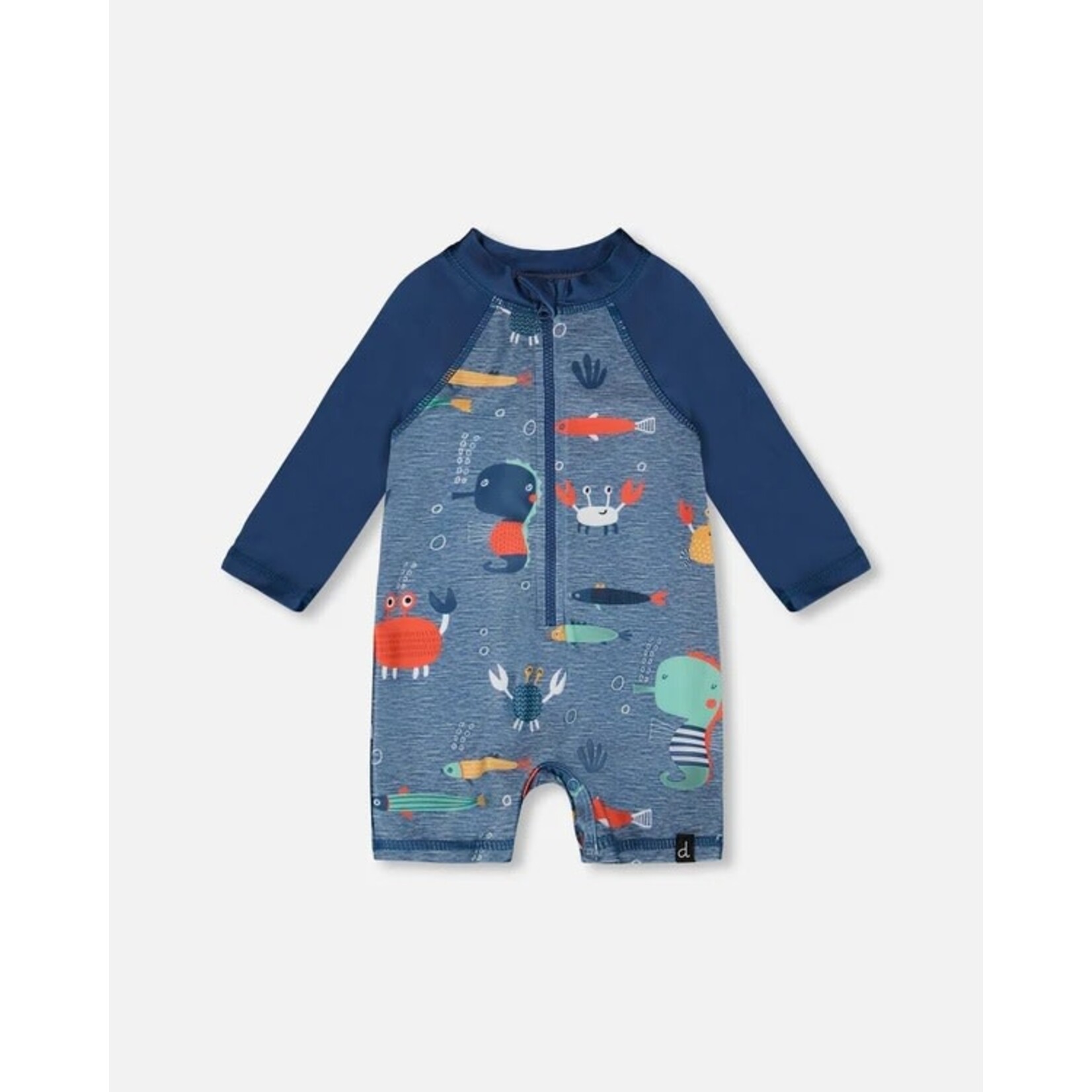 DEUX PAR DEUX - Blue one-piece long-sleeved swimsuit with marine anima ...