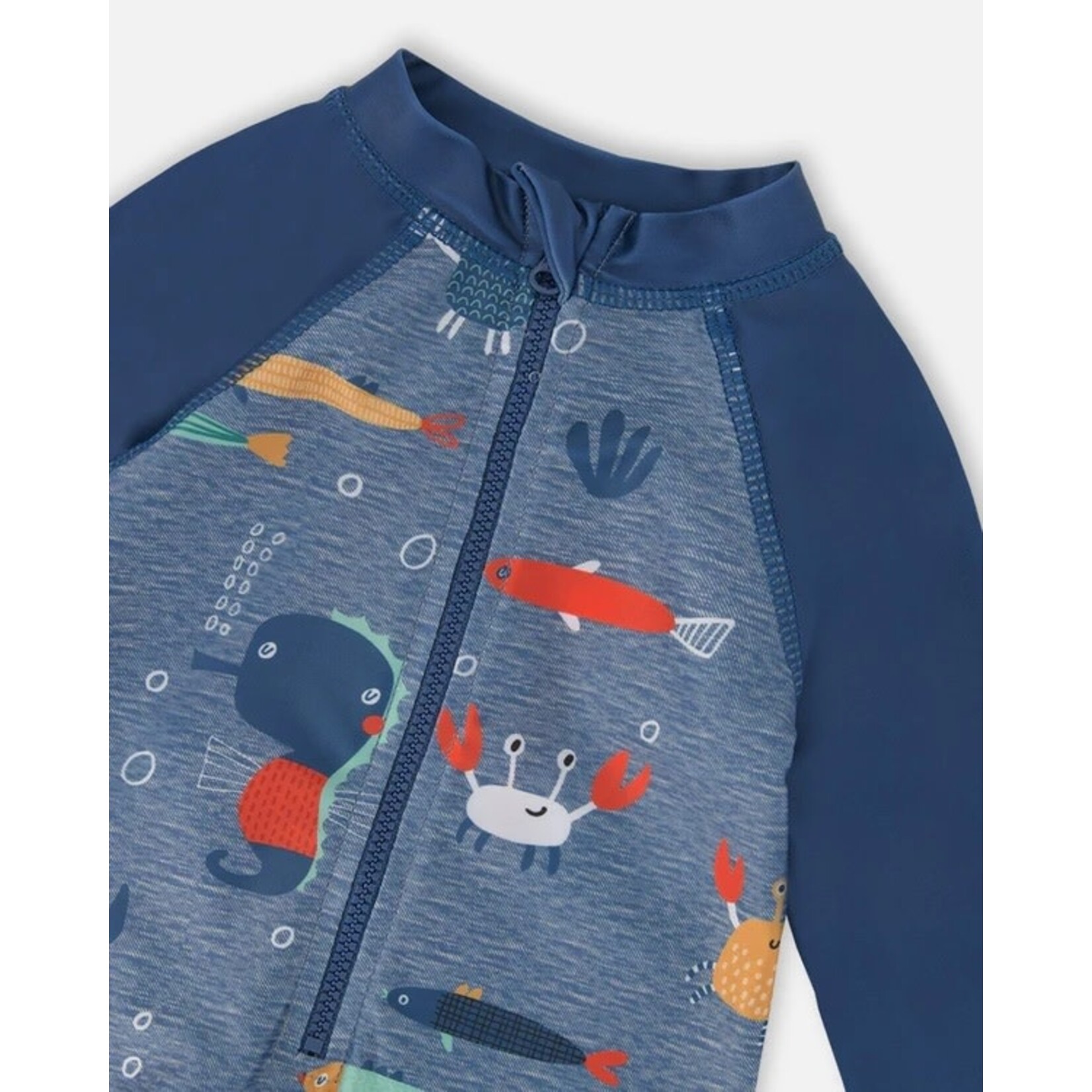 DEUX PAR DEUX - Blue one-piece long-sleeved swimsuit with marine anima ...