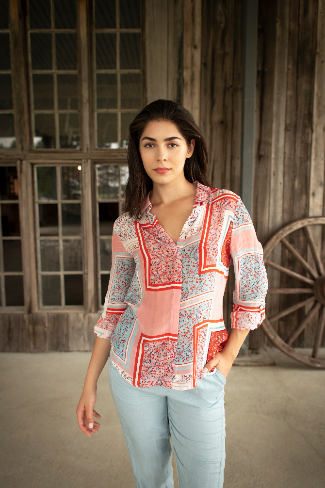 RENUAR RENUAR BLOUSE PATCHWORK BLEU ET ROSE - Boutique Nomade