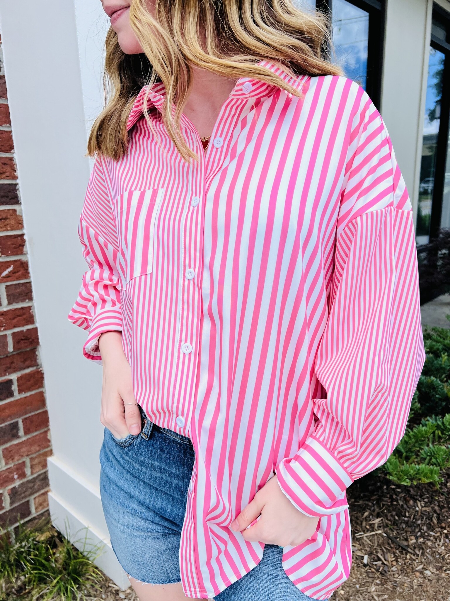 Pink Button Down Striped Long Sleeve - Ro and Co Clothing