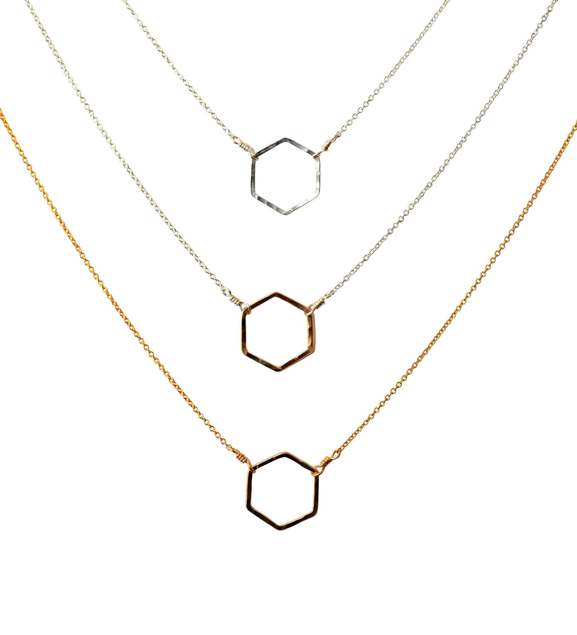 Buckeye - small hexagon necklace - 17" chain - Chickadee Art Collective