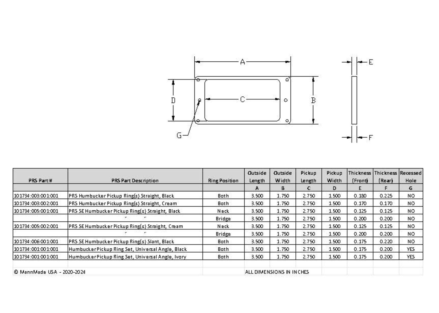 PRS Current Core/S2 Humbucker Pickup Rings (2), Universal Angle/Tall ...
