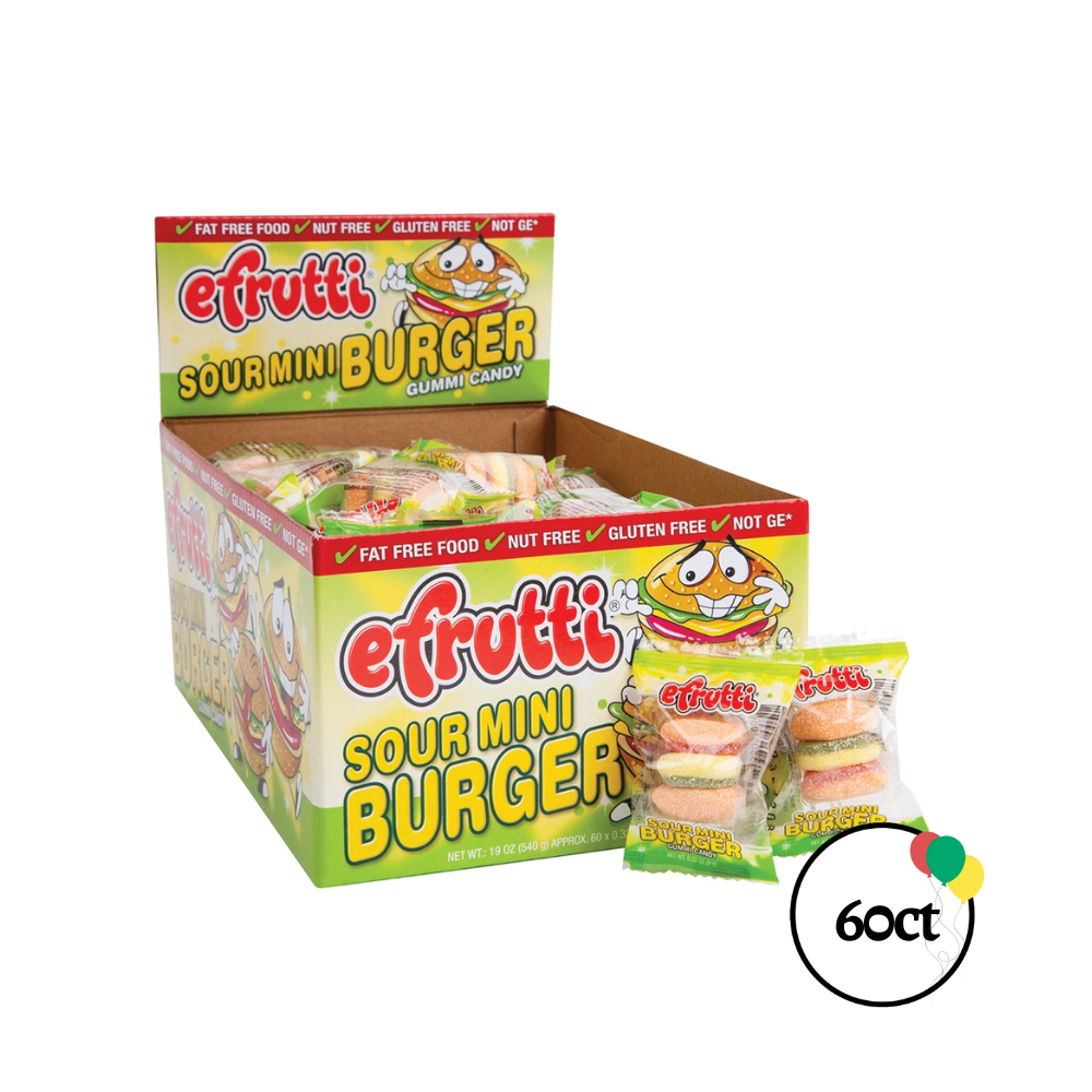 efrutti Sour Mini Burger 60ct - Valentina's Party World - Dulceria ...