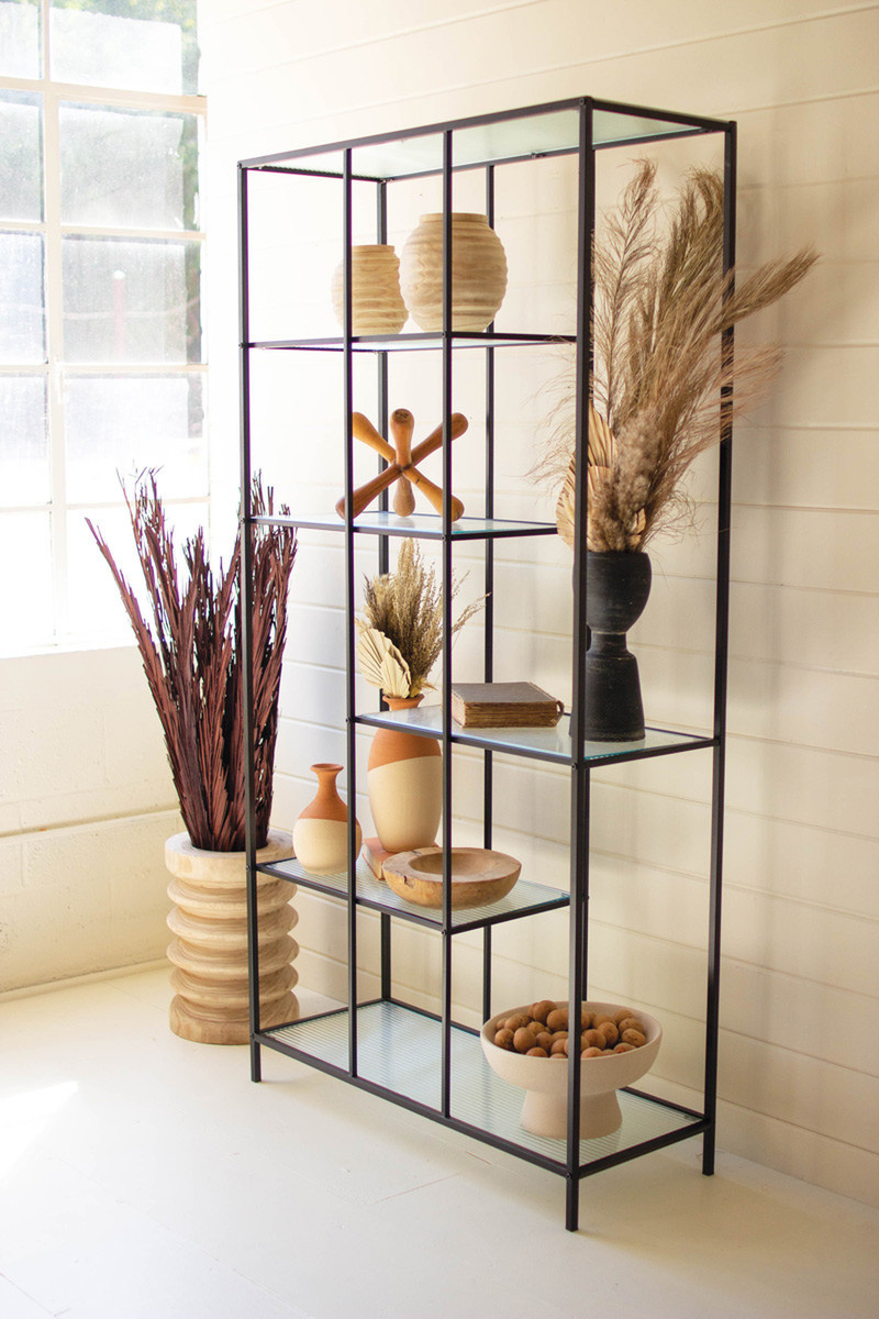Black metal and glass shelving unit store