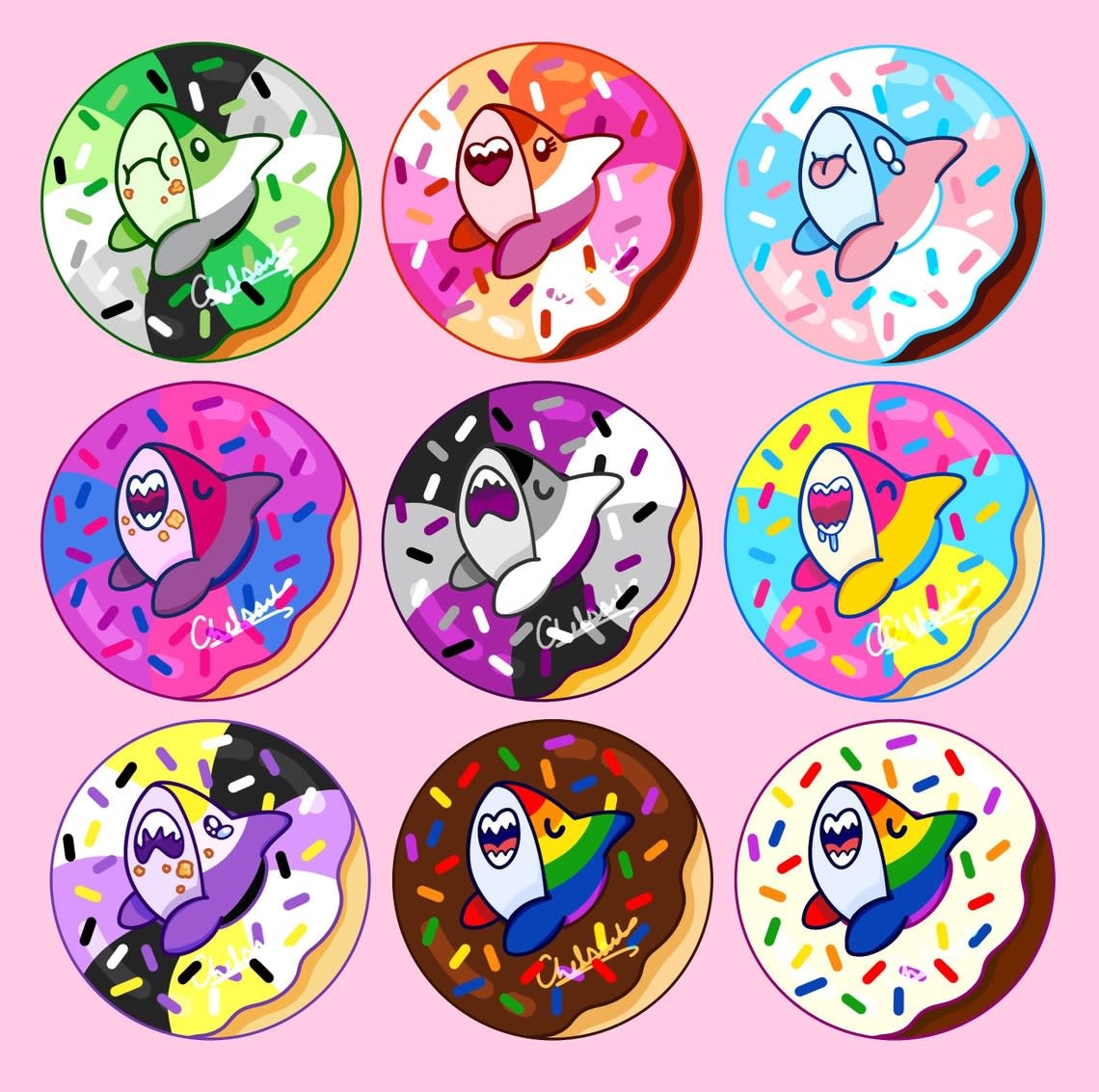 SHARKNDONUTS Pride Sharks and Donut Buttons Aromantic - Rolling Tales