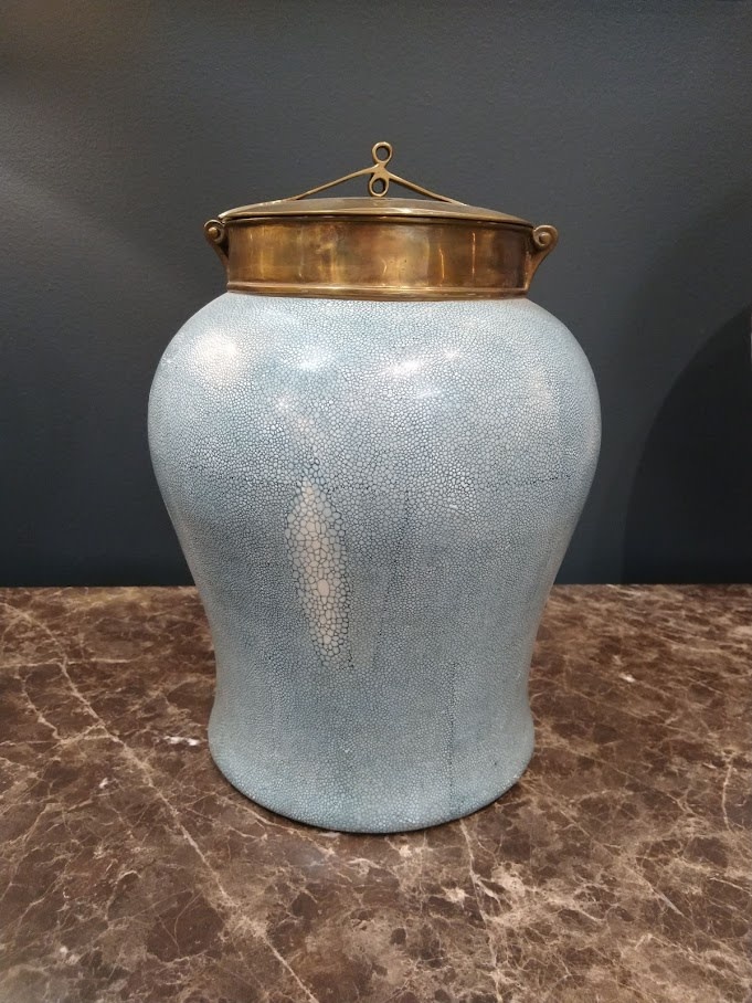 Large Turquoise Shagreen Temple Jar with Bronze Lid - Designer's Studio