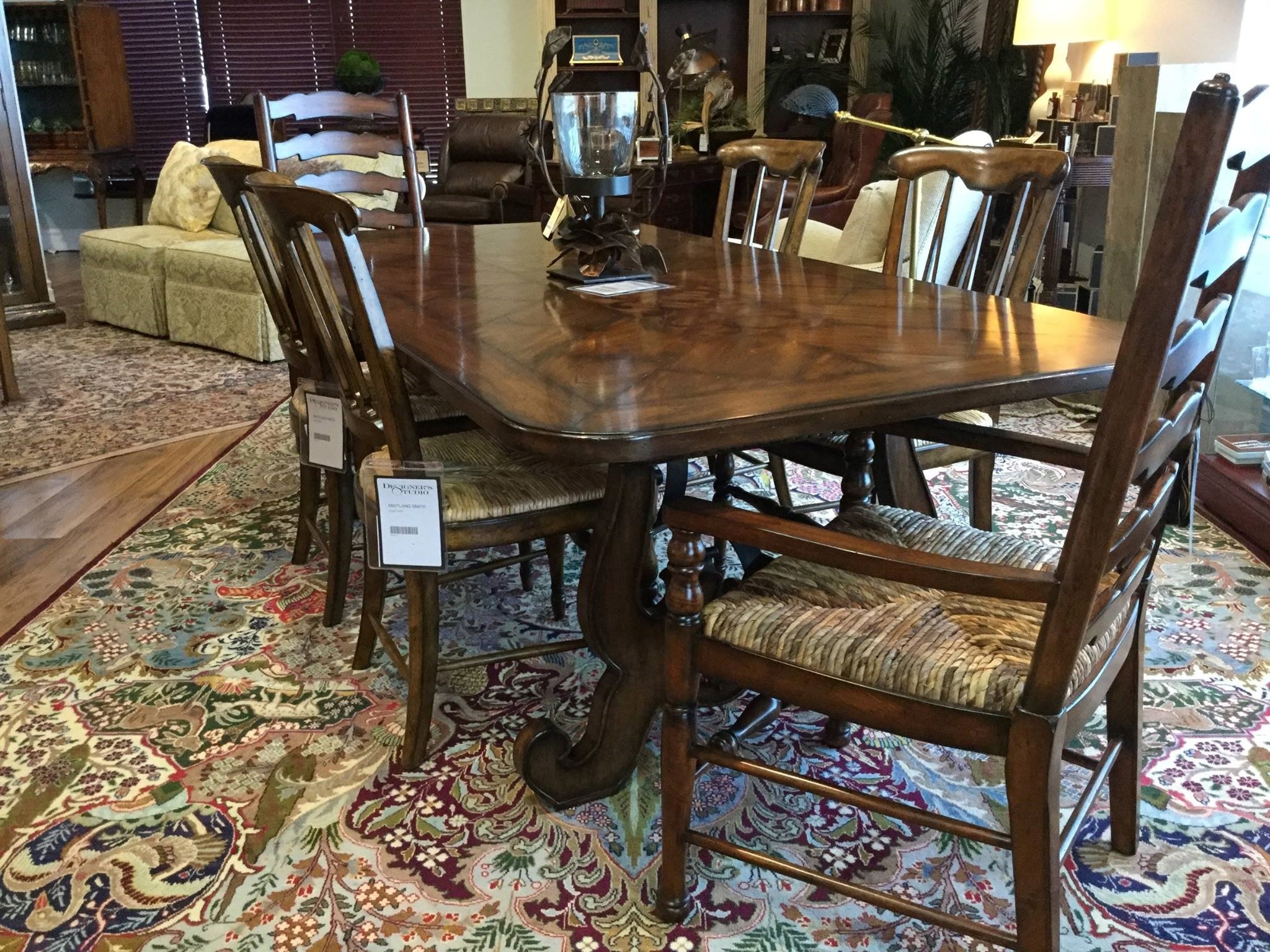 Maitland Smith Dining Table with Mahogany Marquetry Veneer Top - Designer's Studio