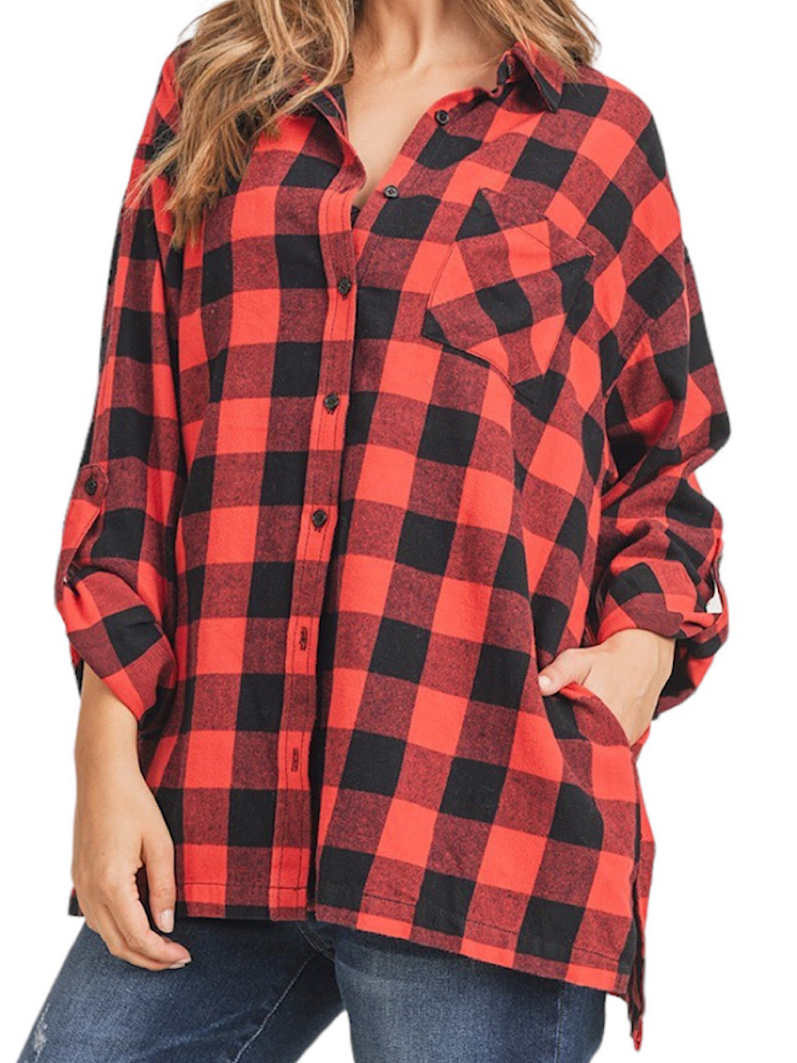 RISEN Red Buffalo Plaid Oversized Shirt RDJ1163 - Main Street Boutique