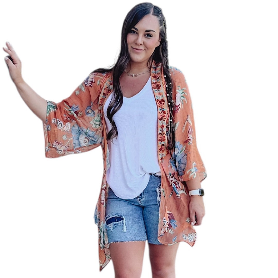 Mixed Print Angel Wing Sleeve Kimono Cantaloupe S/M - Main Street Boutique