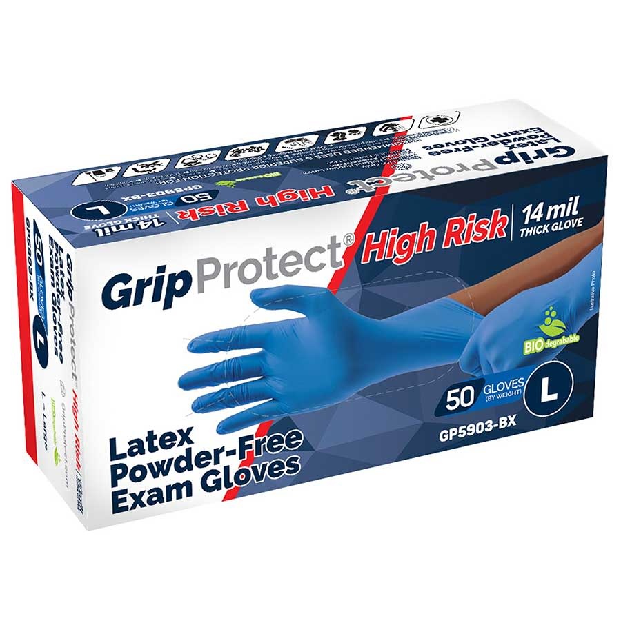 GripProtect High Risk 14 Mil Latex Powder-Free Exam Gloves, Blue, XL ...