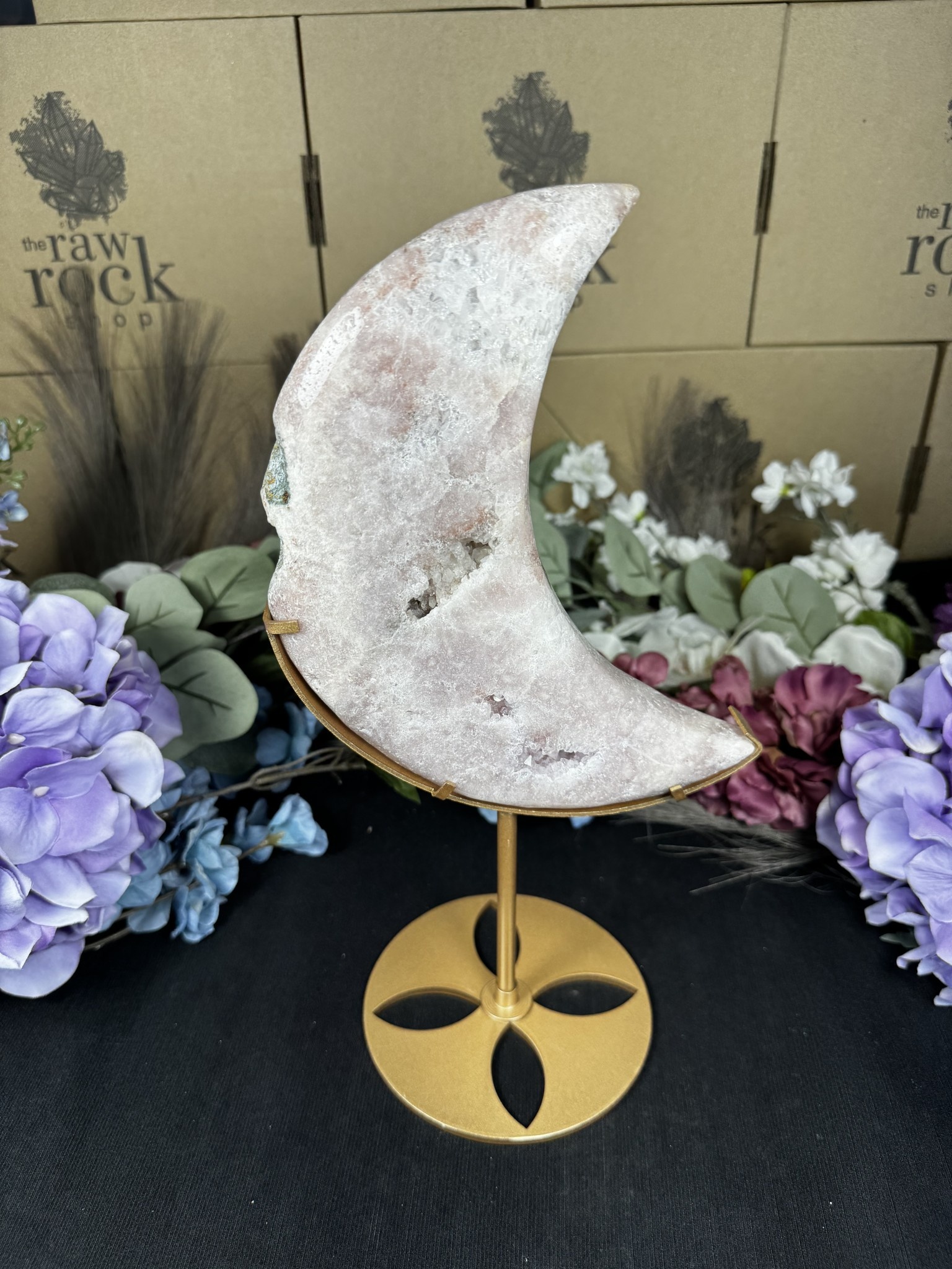 Pink Amethyst Moon with Stand #6, 1492gr - The Raw Rock Shop Inc.