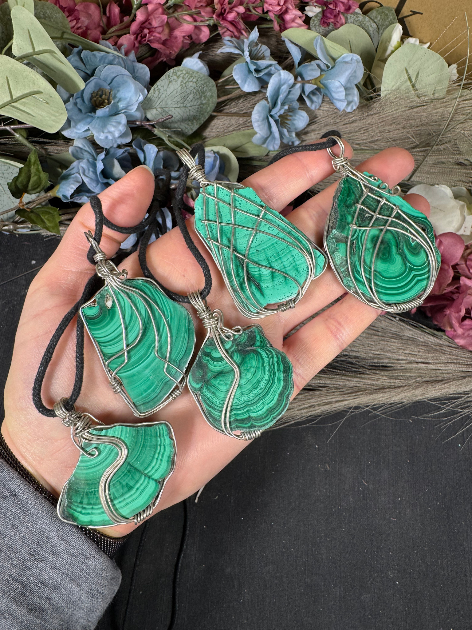 Malachite Slice Necklaces Copper Wire Wrapped, 18" length - The Raw Rock Shop Inc.