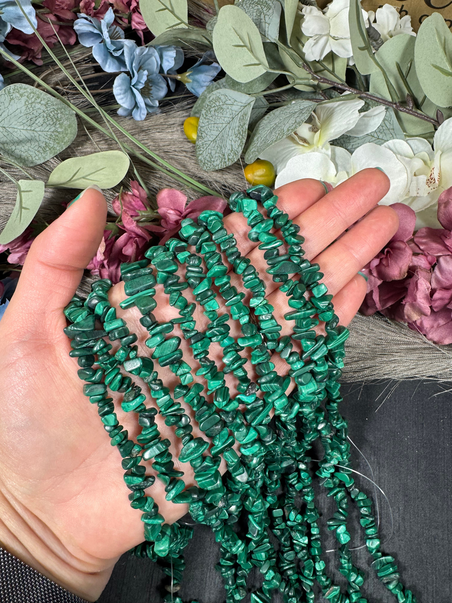 Malachite Chip Beads Polished 32" Strand - The Raw Rock Shop Inc.
