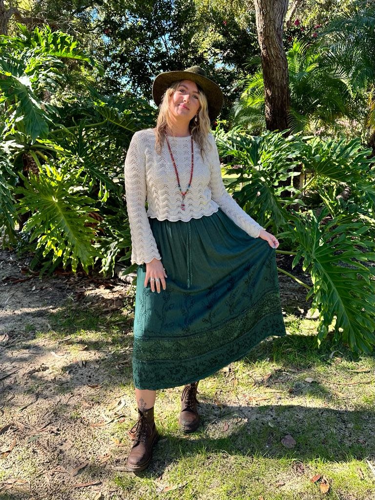 SKIRT JV005 MALINA EMBROIDERED MAXI BOTTLE GREEN - Naked Gypsy