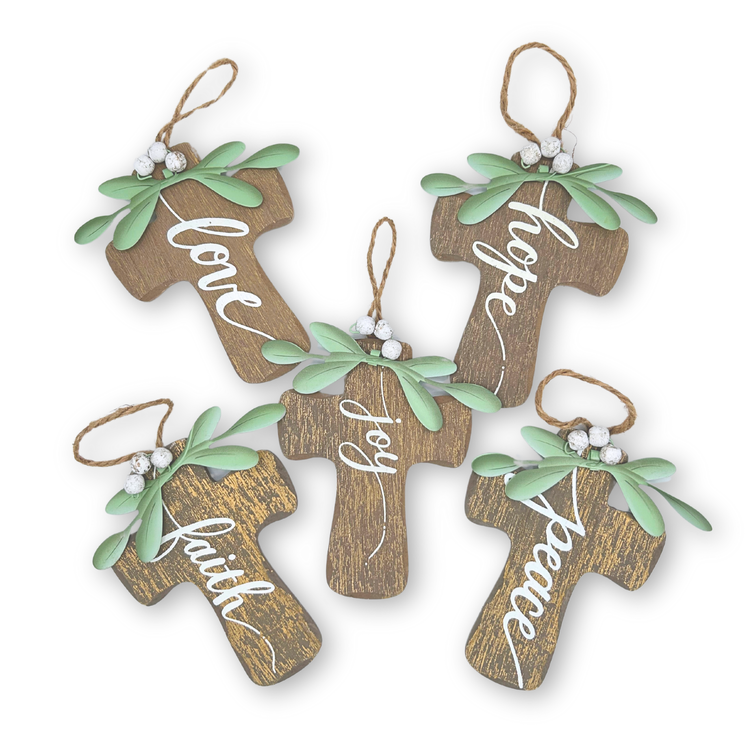 Mistletoe Wood Cross Ornaments - The Joy Store