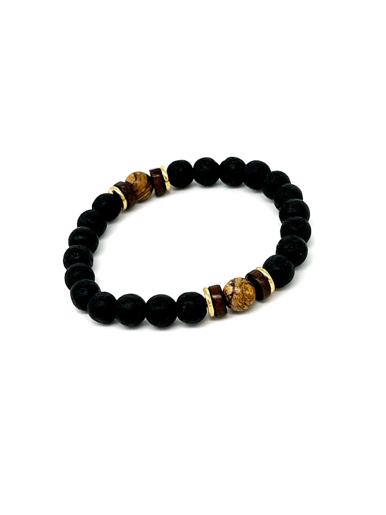 8mm Lava, Gemstone, Gold, Wood Bead Stretch Bracelet Picture Stone ...