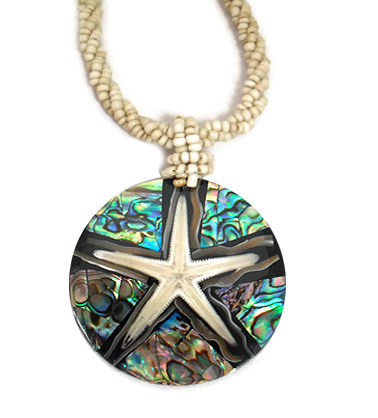 N156 Island Shell Necklace Starfish Paua Starfish with Tan Beads - Maka ...
