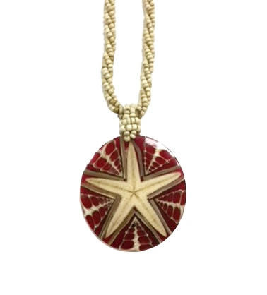 N183 Island Shell Necklace Starfish Red Resin Starfish with Cream Beads ...